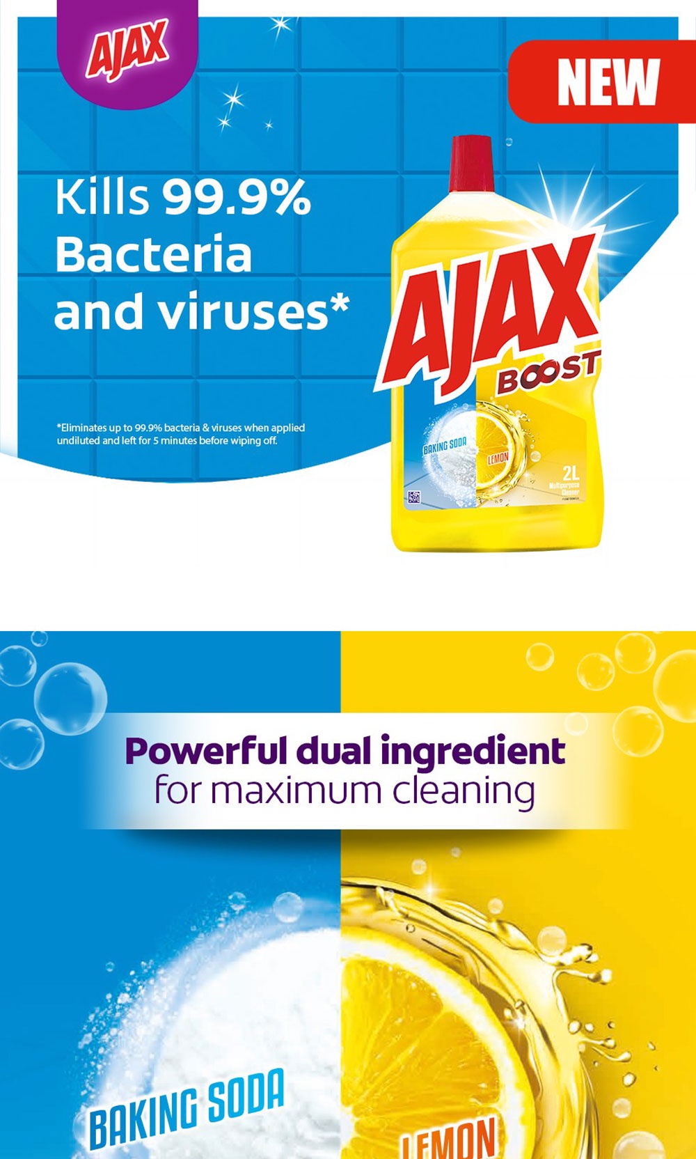 Ajax Boost Lemon & Baking Soda Disinfectant Multi Purpose Floor Cleaner ...