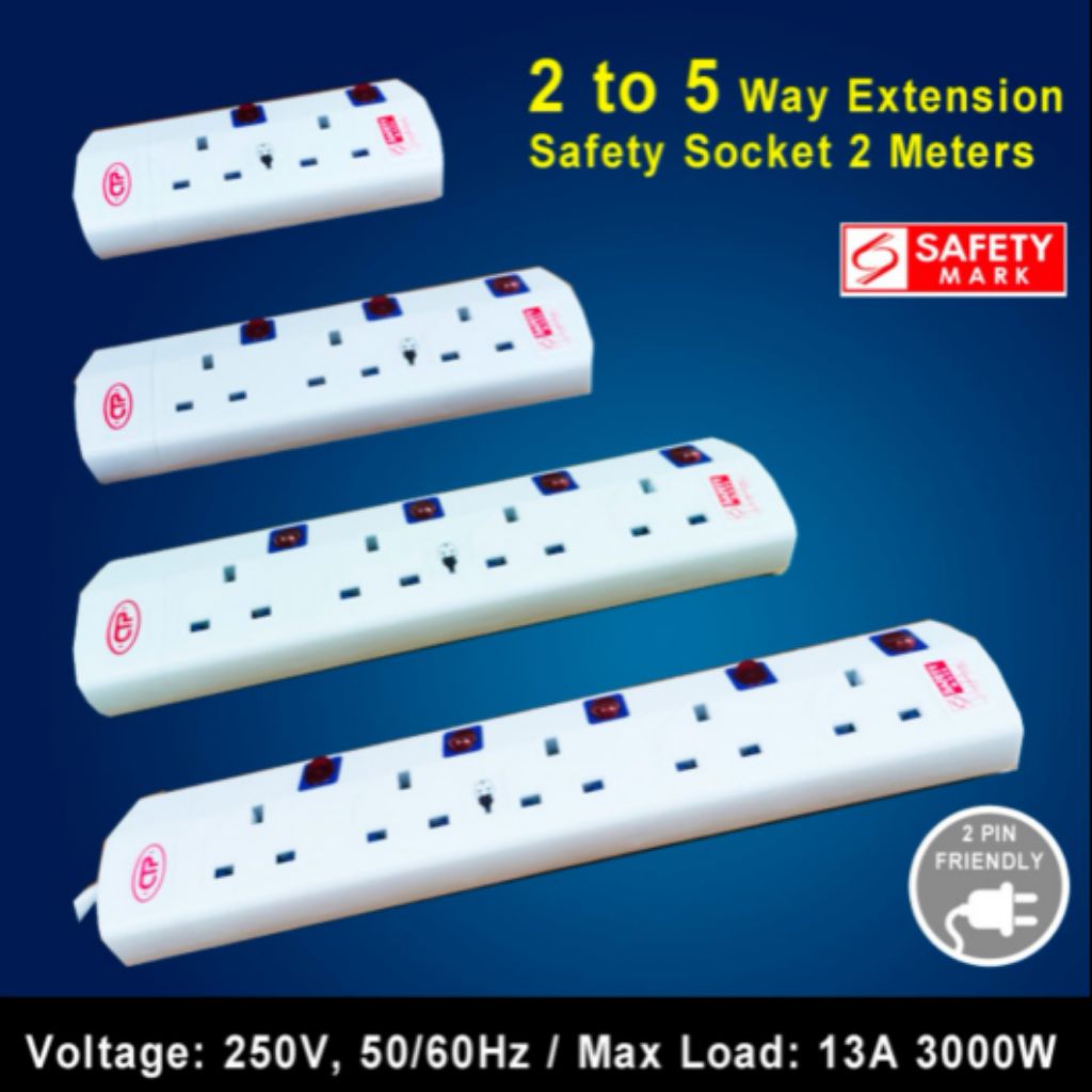 2 to 5 WAY SAFETY SOCKET WITH SAFETY MARK (2 METER) | Shopee Singapore