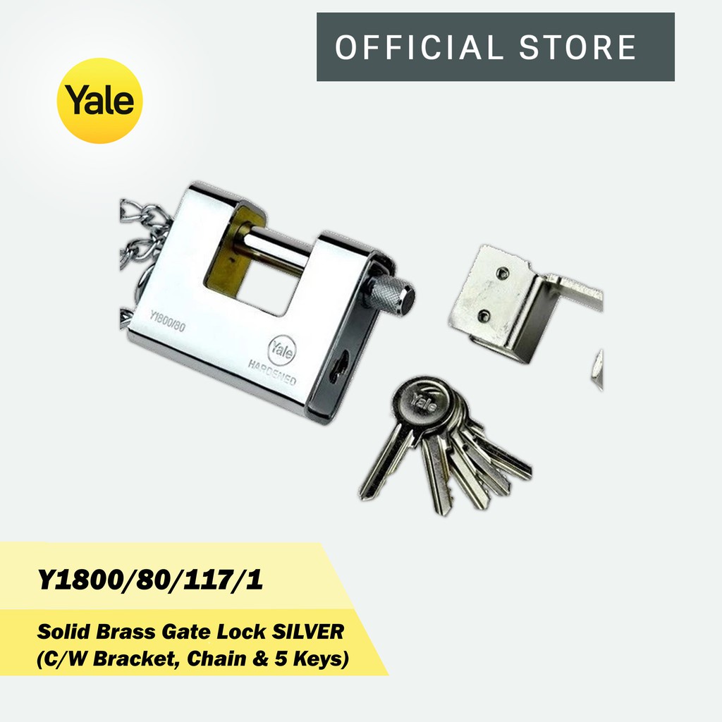 Yale Y1800/80/117/1 Solid Brass Gate Lock (C/W Bracket, Chain & 5 Keys ...