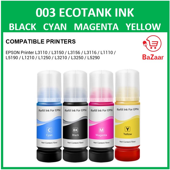 Compatible Ink Refill for EPSON ECOTANK 003 Black Cyan Magenta Yellow ...