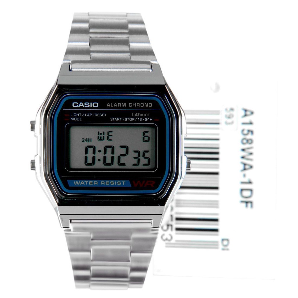 Casio Digital Retro Unisex A158WA-1DF A158WA-1D A158WA-1 A158WA Stainless Steel Alarm Vintage ...