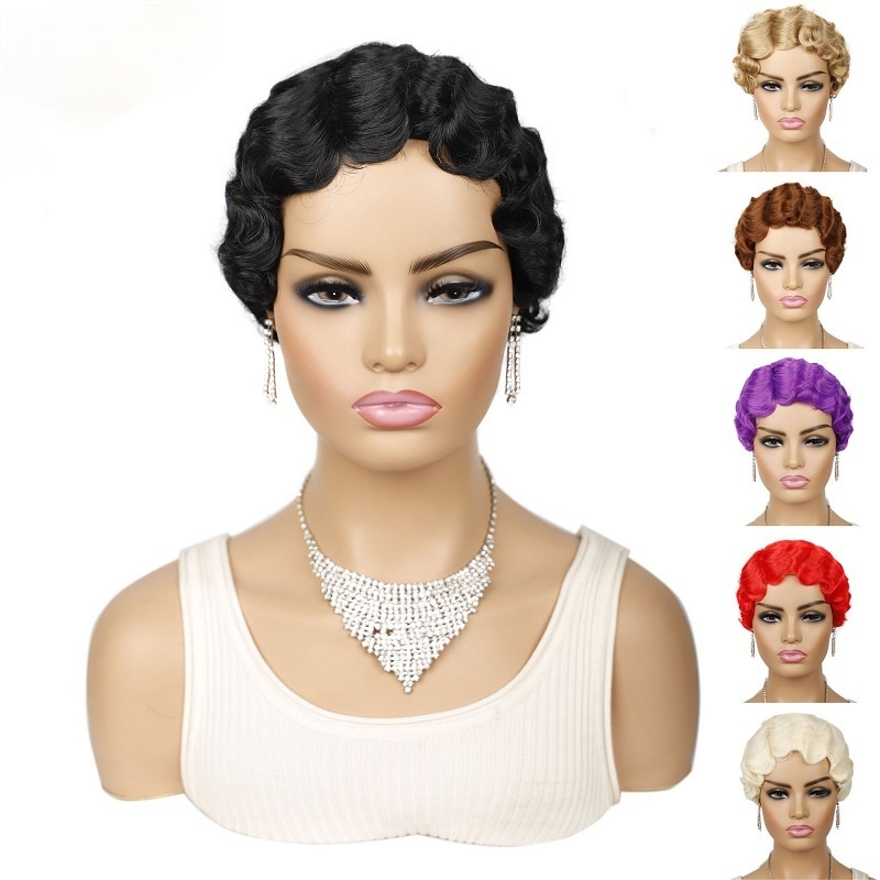 Super Short Wigs Retro Cute Water Wave Full Hair Wig Natural Black ...
