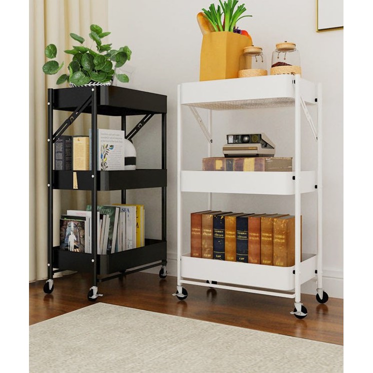 3 Tier FOLDABLE Multi-functional Metal Trolley Storage Rack with Handle ...