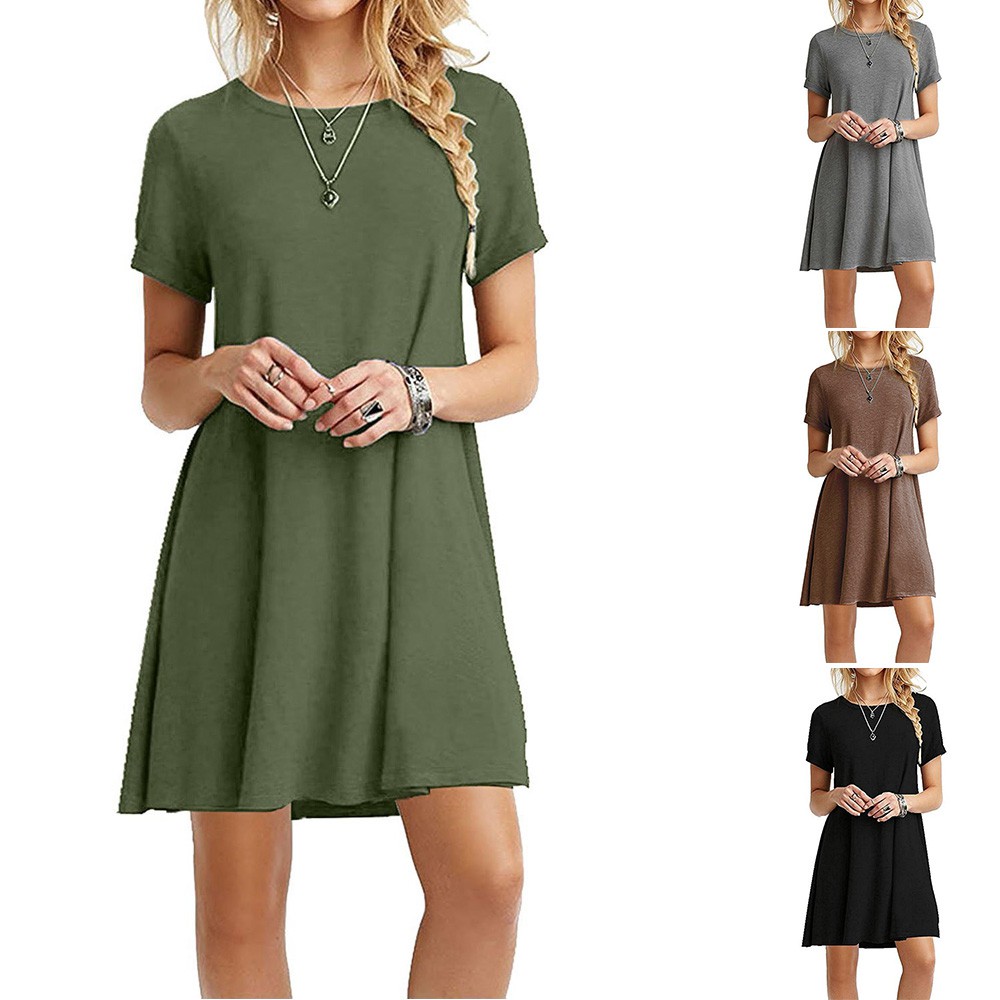 Women's Round Neck Plain Basic Short Sleeve Mini Tent Dress | Shopee ...