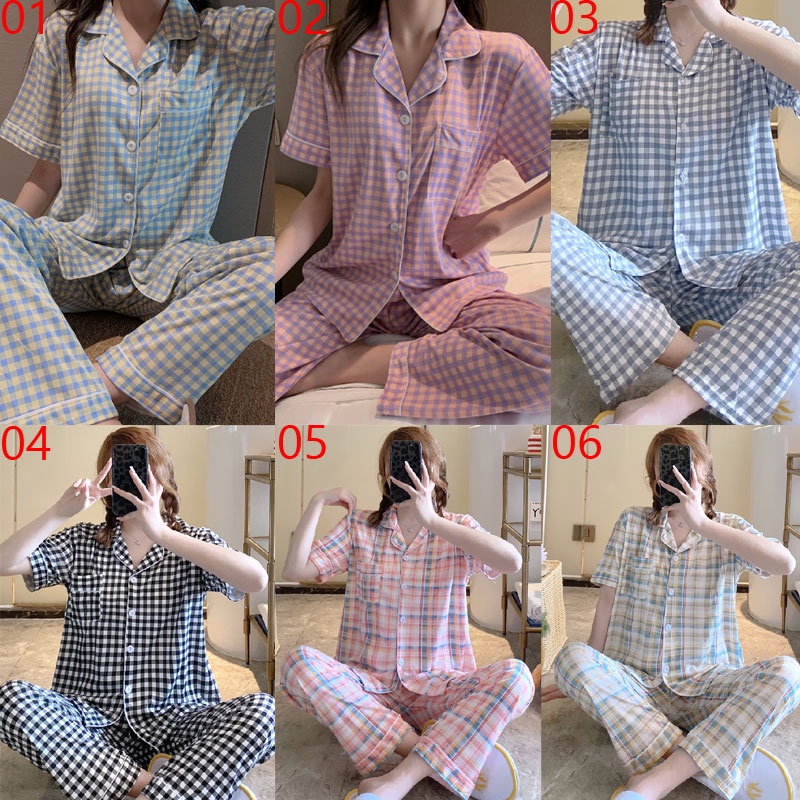 Korean Women Cotton Pyjamas Set Short Sleeve Plaid Leopard Print ...