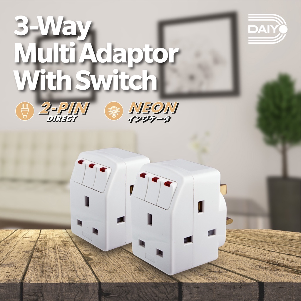 Daiyo DE 291 3 Way Multi Adaptor With Switch & Neon | Shopee Singapore