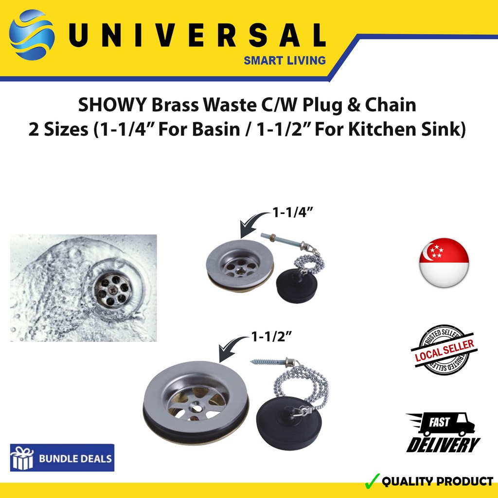 [SG SHOP SELLER] SHOWY Brass Waste C/W Plug & Chain 2 Sizes (1-1/4” For ...