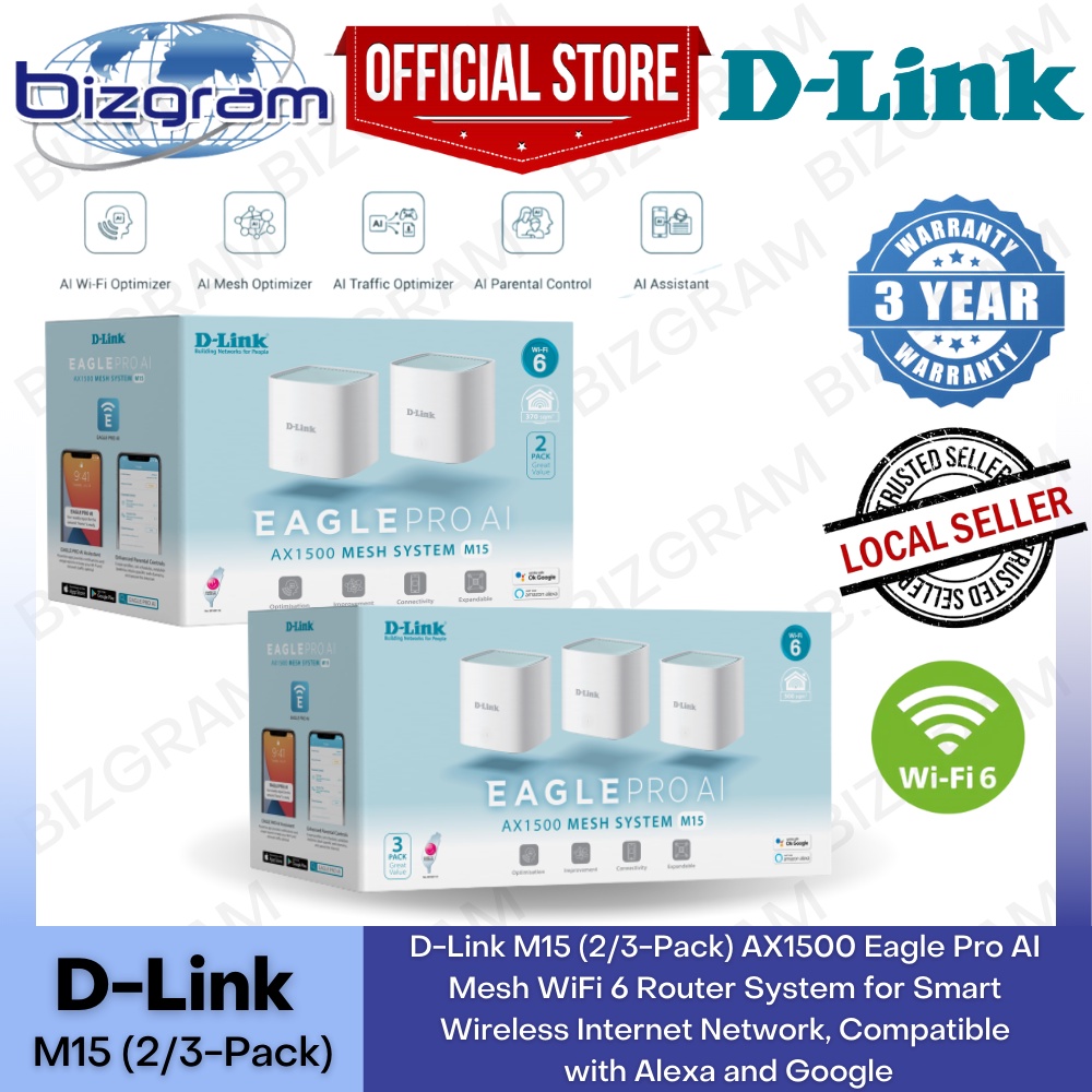 D-Link M15 (2/3-Pack) AX1500 Eagle Pro AI Mesh WiFi 6 Router System for ...