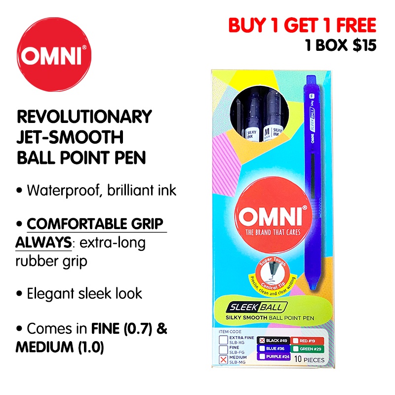 OMNI SLEEK BALL Silky Smooth BP Pen, 1.0mm M, 10pcs/box in Black, Blue ...