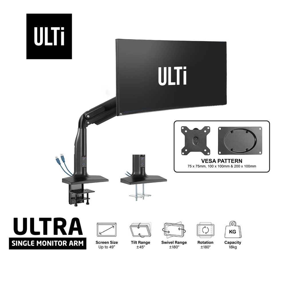 ULTi Ultra Monitor Arm - Fits up to 18kg & 49 inch Ultrawide Monitor ...