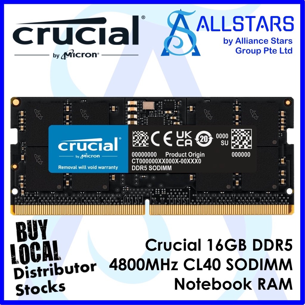 Crucial 16GB DDR5 4800MHz CL40 SODIMM / Notebook RAM (CT16G48C40S5) (Warranty Ltd Lifetime with ...