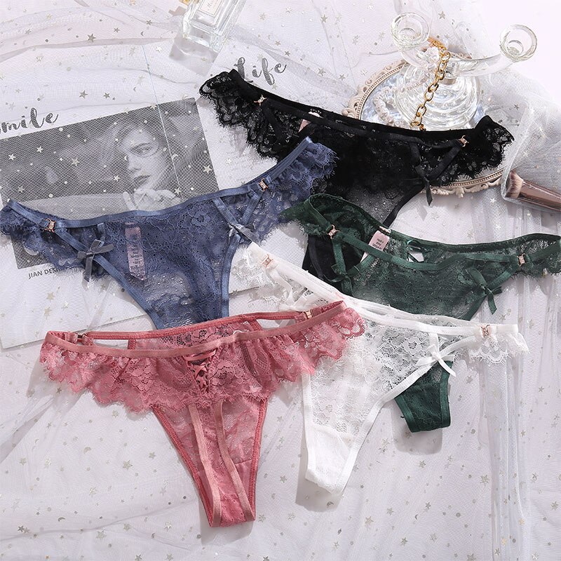 Sexy Lace Floral T-back Panties Women Bow G-string Underwear Female ...