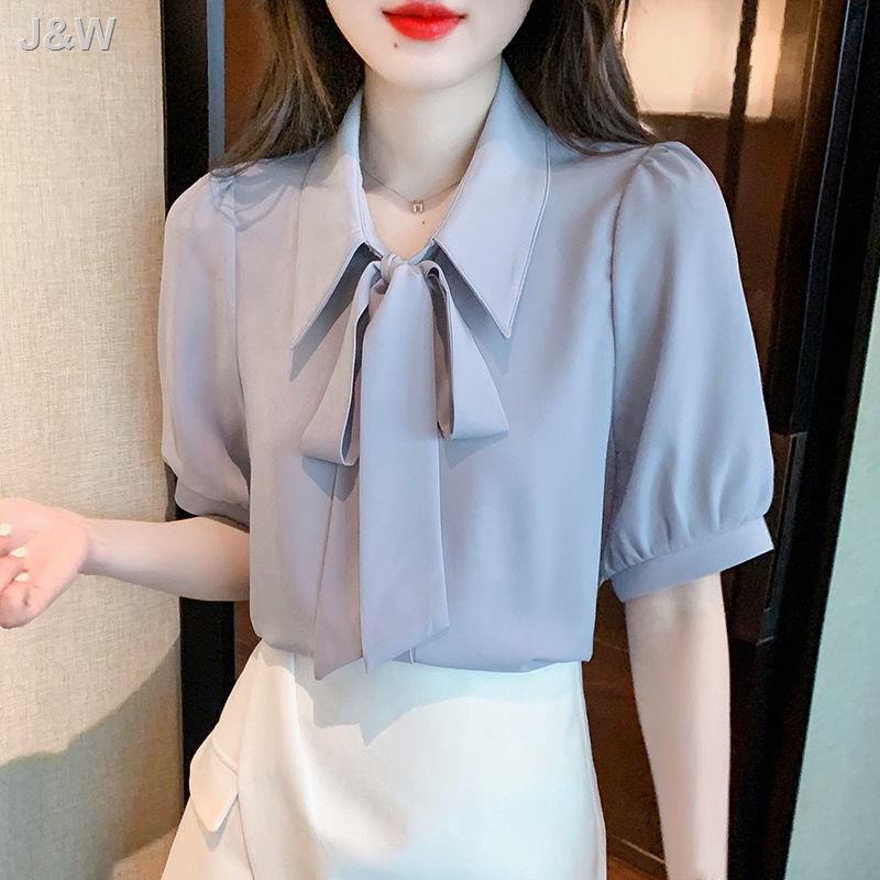 S-2Xl Light Blue Short-Sleeved Chiffon Shirt Women Korean Style Bowknot ...
