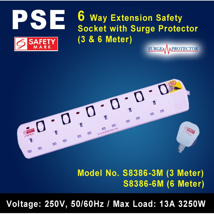 PSE 6 Way Extension Safety Socket with Surge Protector & Singapore ...
