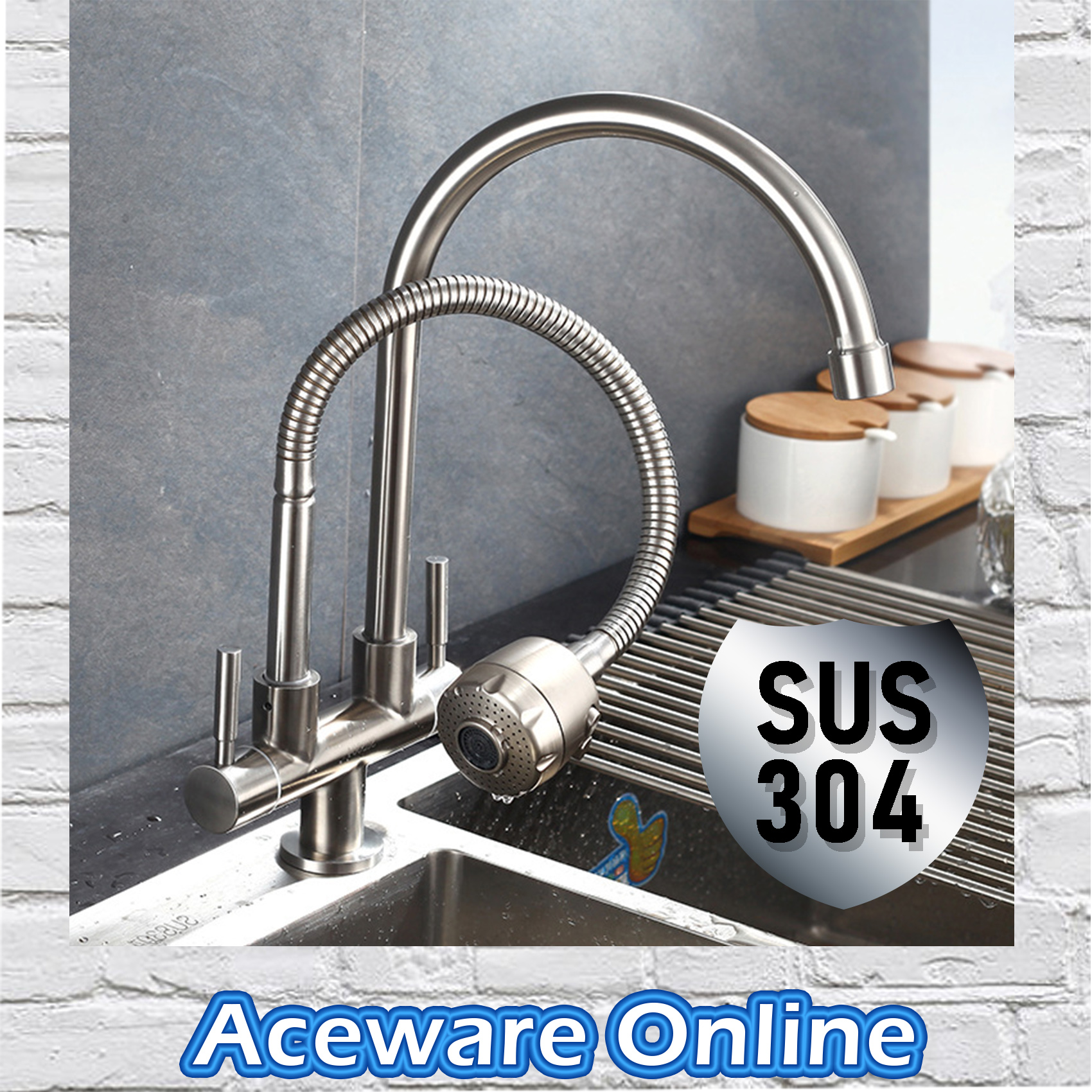 Atocco 304 Stainless Steel Twin Double Pillar Mounted Tap Sink 2 Mode ...