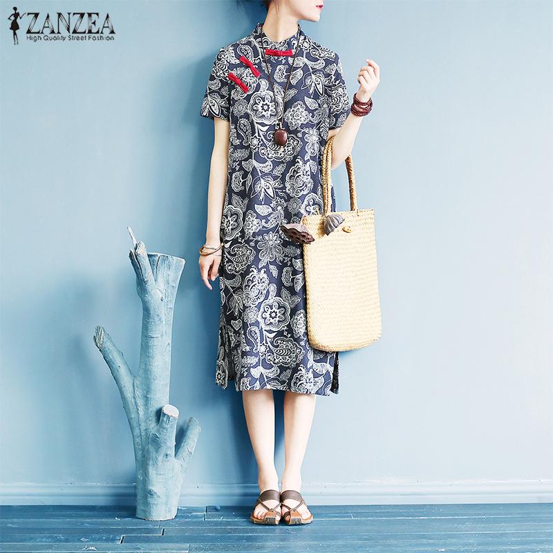 Zanzea Womens Printed Short Sleeve Button Down Beach Midi Dress