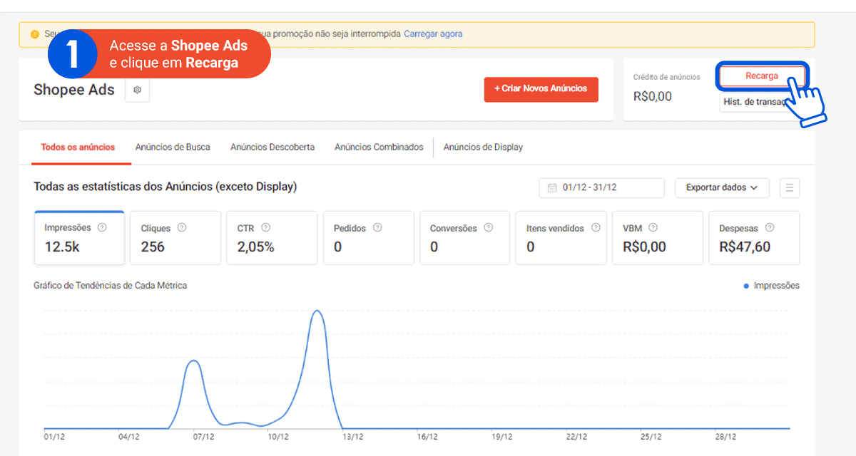 Recarga de créditos do Shopee Ads | Anúncios Shopee Brasil 2025