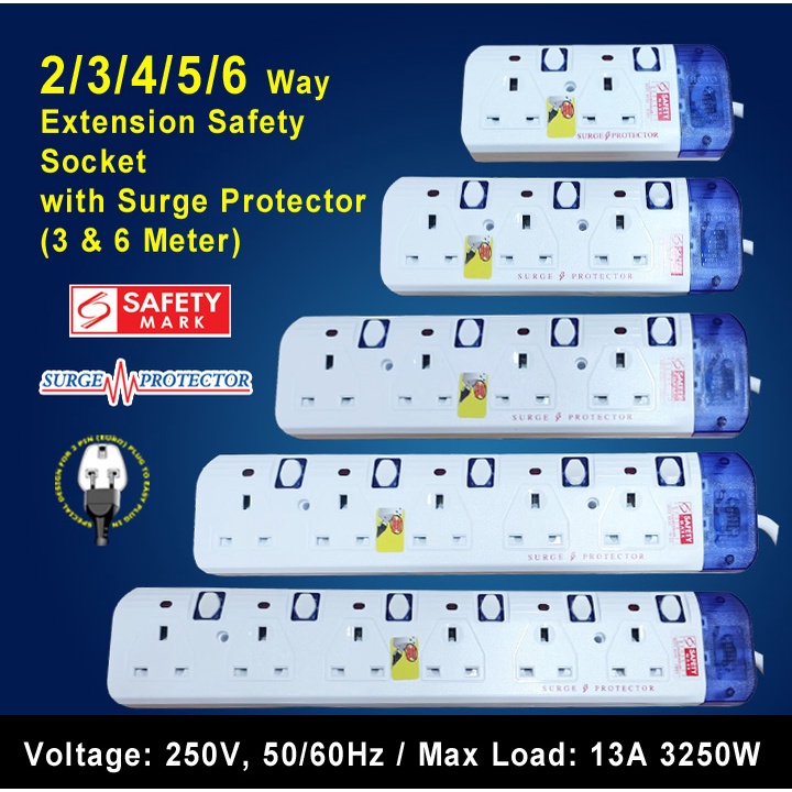 2/3/4/5/6 Way Extension Safety Socket with Surge Protection & Safety ...