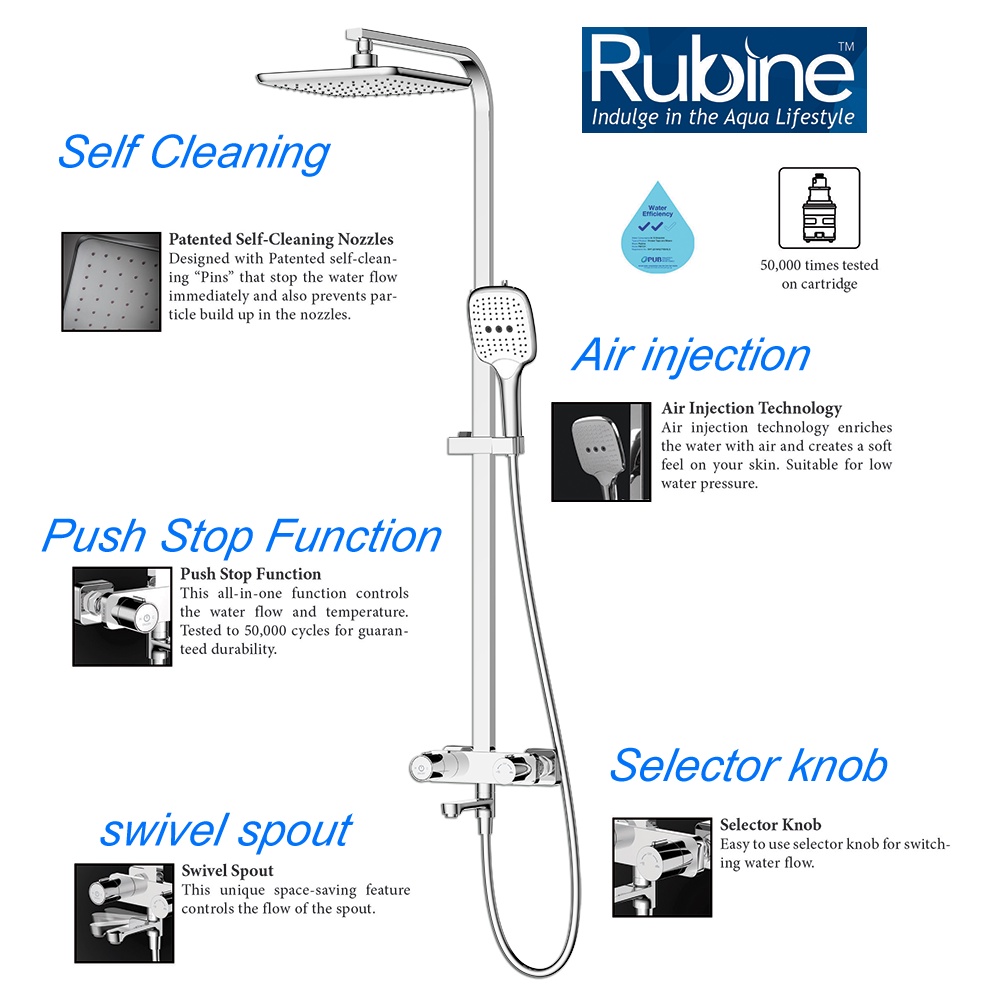 Rubine RSC-PUSHSTOP-S81-CH rain Shower Set with hand shower and shower ...