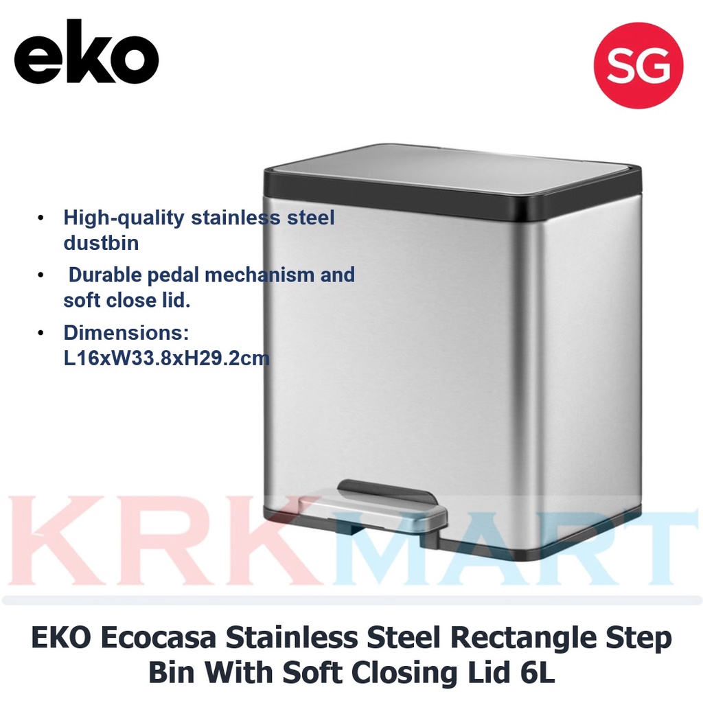 Eko Ecocasa Stainless Steel Rectangle Step Bin with Soft Closing Lid ...