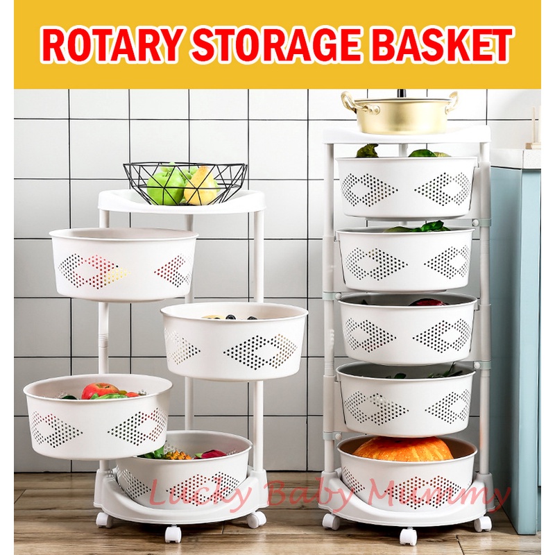 White Round Kitchen Rotating Storage Box Basket Trolley Rack Vegetable ...