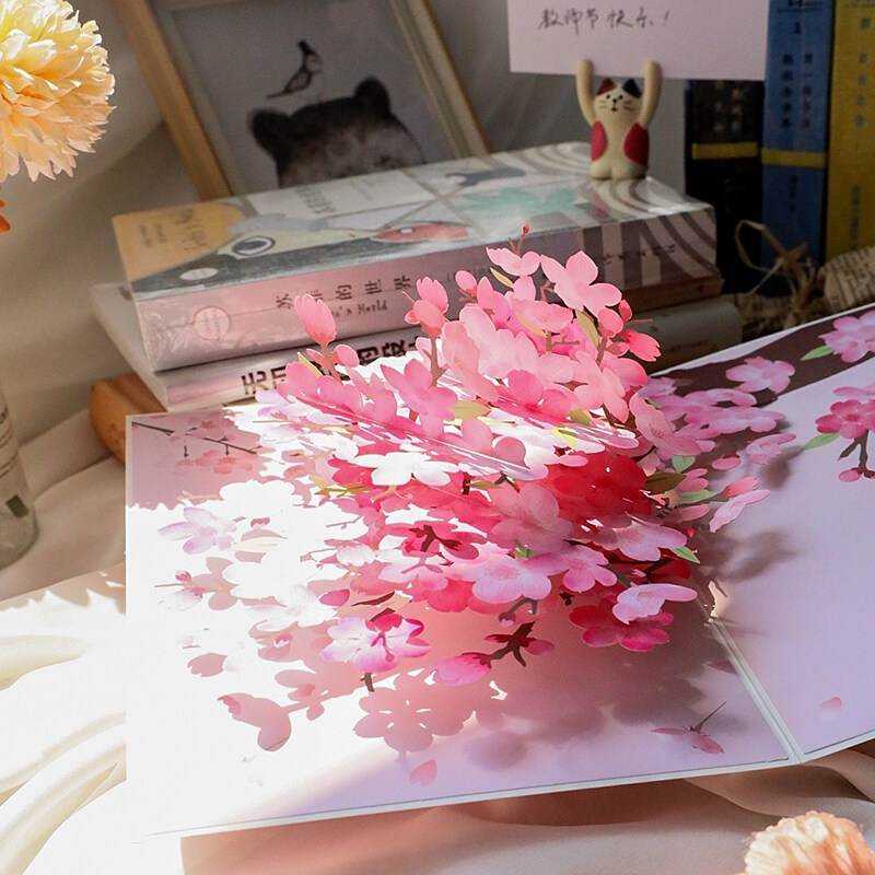 Pop Up Card, 3D Card, Thank You Romantic Card Rose Cherry Blossom Tree ...