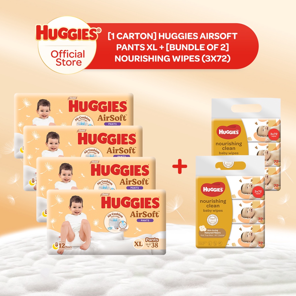 [1 Carton] Huggies Airsoft Pants XL + [Bundle of 2] Nourishing Wipes ...