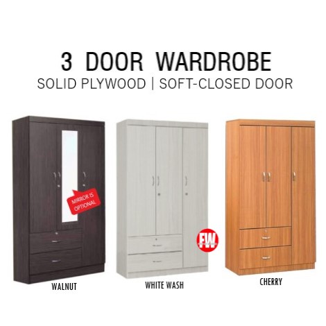 3 DOOR WARDROBE SOFT-CLOSED DOOR SOLID PLYWOOD WARDROBE CABINET (FREE ...