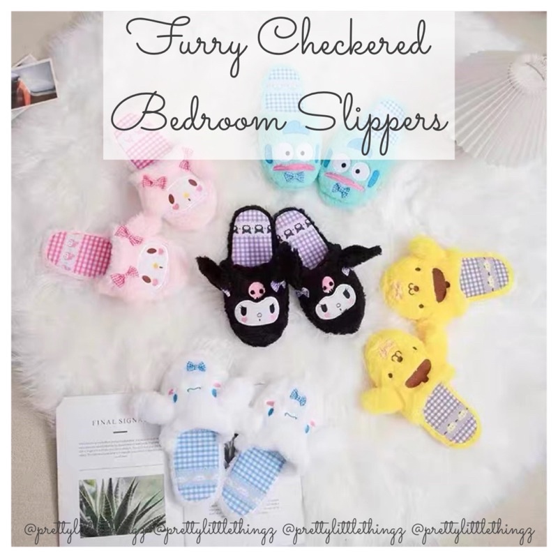 * SG READY STOCK * Furry Checkered Bedroom Slippers (Melody, Kuromi ...
