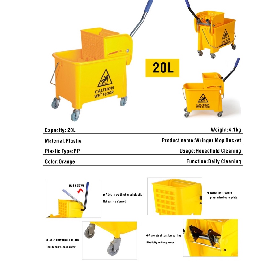 Yellow Mopping Pail With Wringer Trolley 20L / Mop Cart / Industrial ...