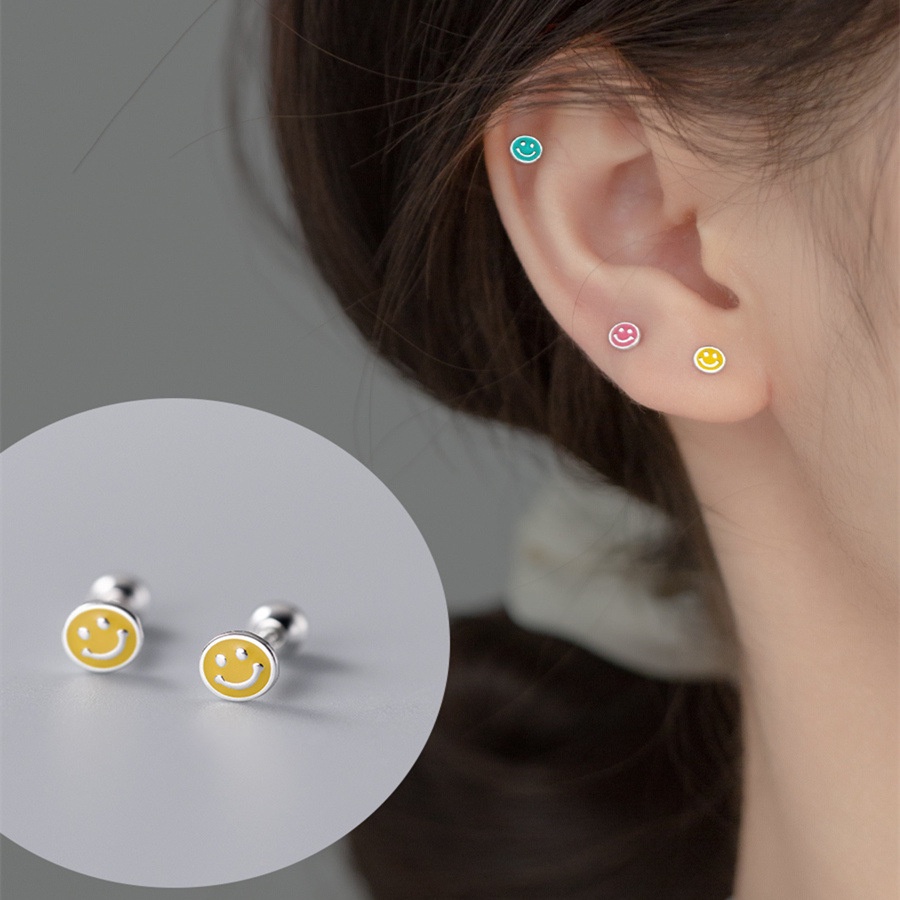 Multicolor Round Smiley Face Stud Earring Female Sterling Silver Mini ...