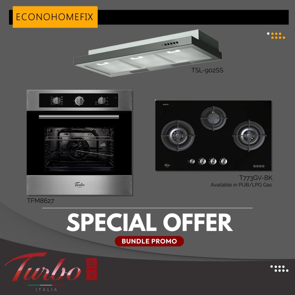 [ TURBO ITALIA ] BUNDLE/PACKAGE PROMO 3 BURNER GLASS HOB + HOOD + OVEN (TSL-902 + T773GV-BK ...