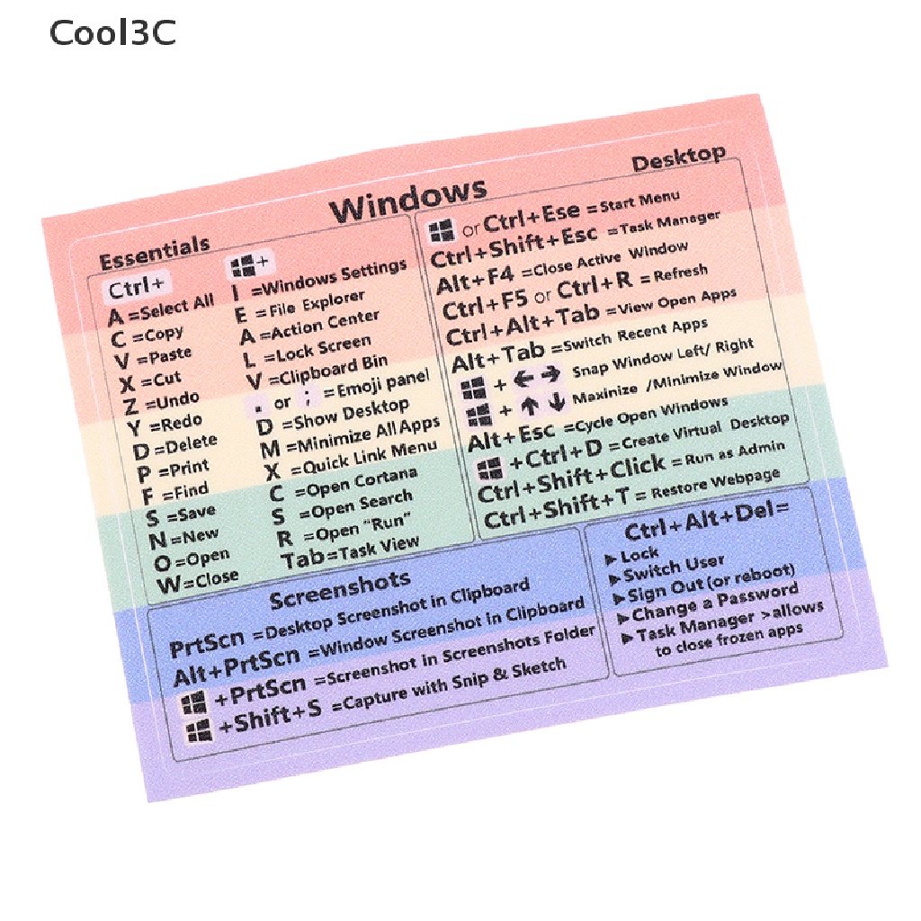 Cool3C Windows Keyboard Reference Shortcut Cheat Sheet Sticker Water ...