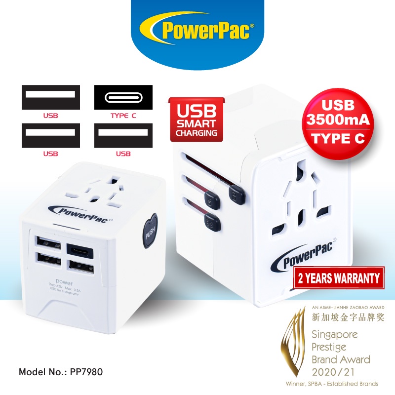 PowerPac Multi Travel Adapter With 3x USB + 1xType-c Charger (PP7980 ...