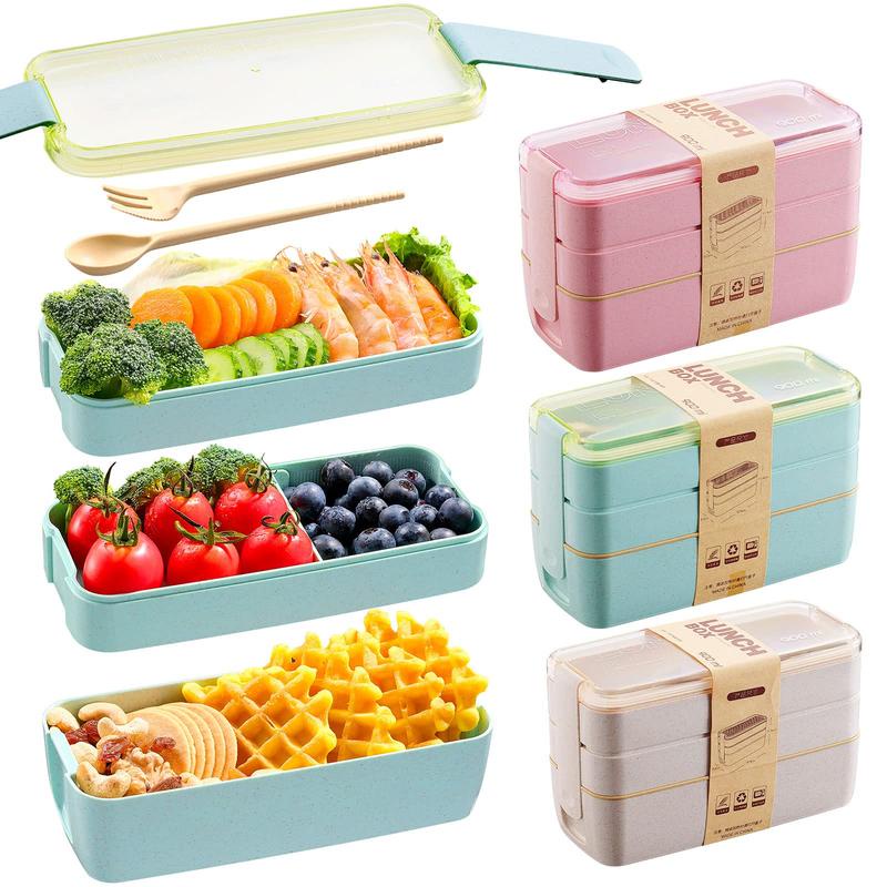 Stackable Bento Box Japanese Lunch Box Kit with Spoon & Fork, 3-In-1 ...