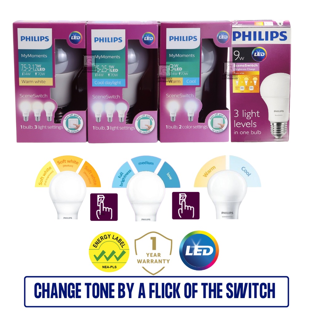PHILIPS SceneSwitch E27 LED Bulb 2 / 3 Tone Step Dimming Light Bulb | Shopee Singapore