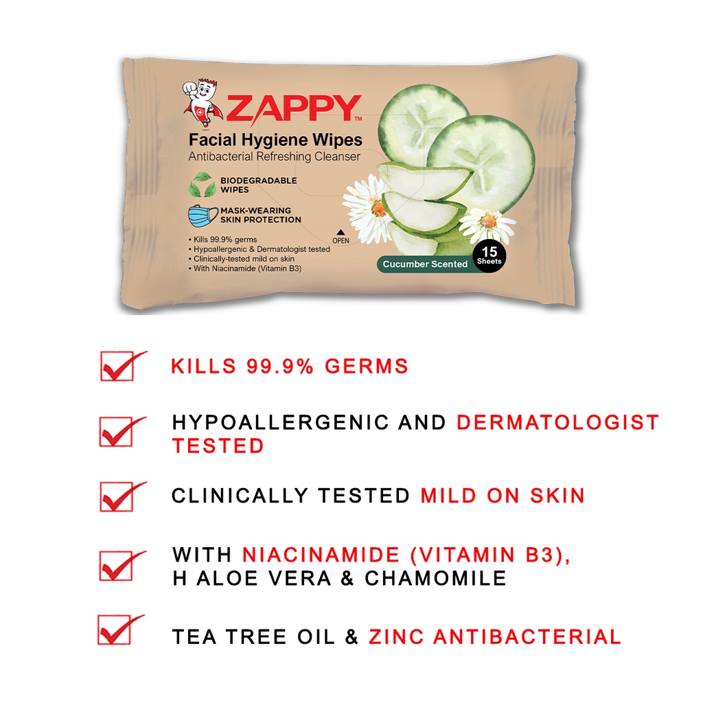 Zappy Facial Hygiene Wipes 15sheets (12packets or carton deal) | Shopee ...