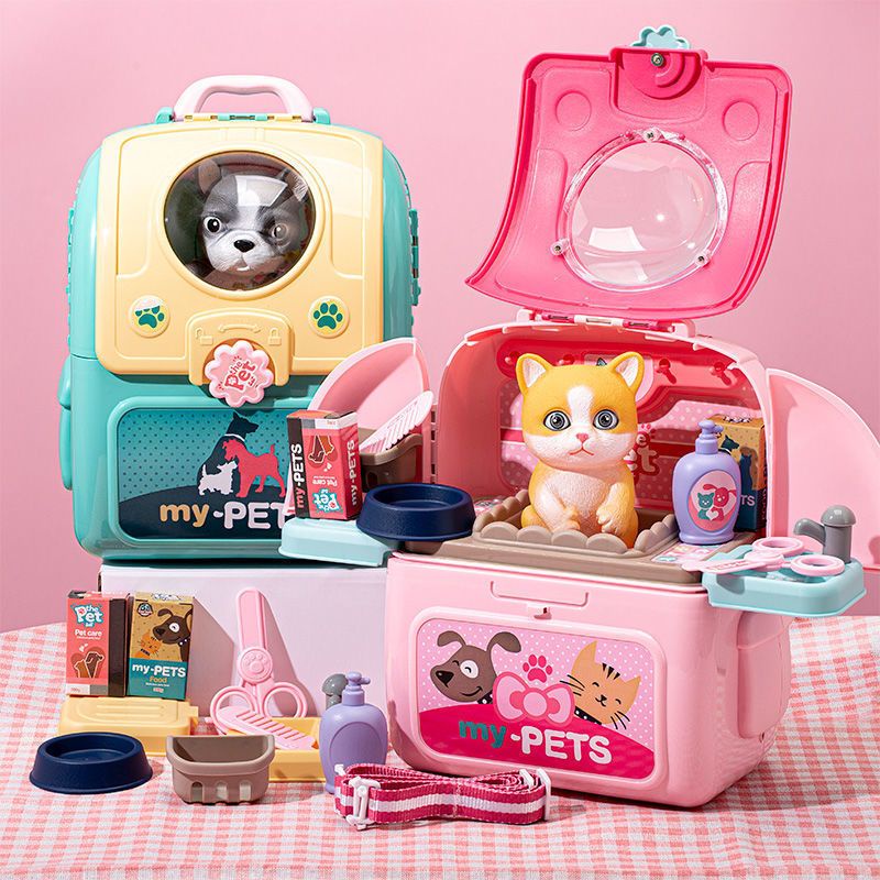 Kids Pet Cat Dog Grooming Care Play Set Carry Backpack Playset Toys ...