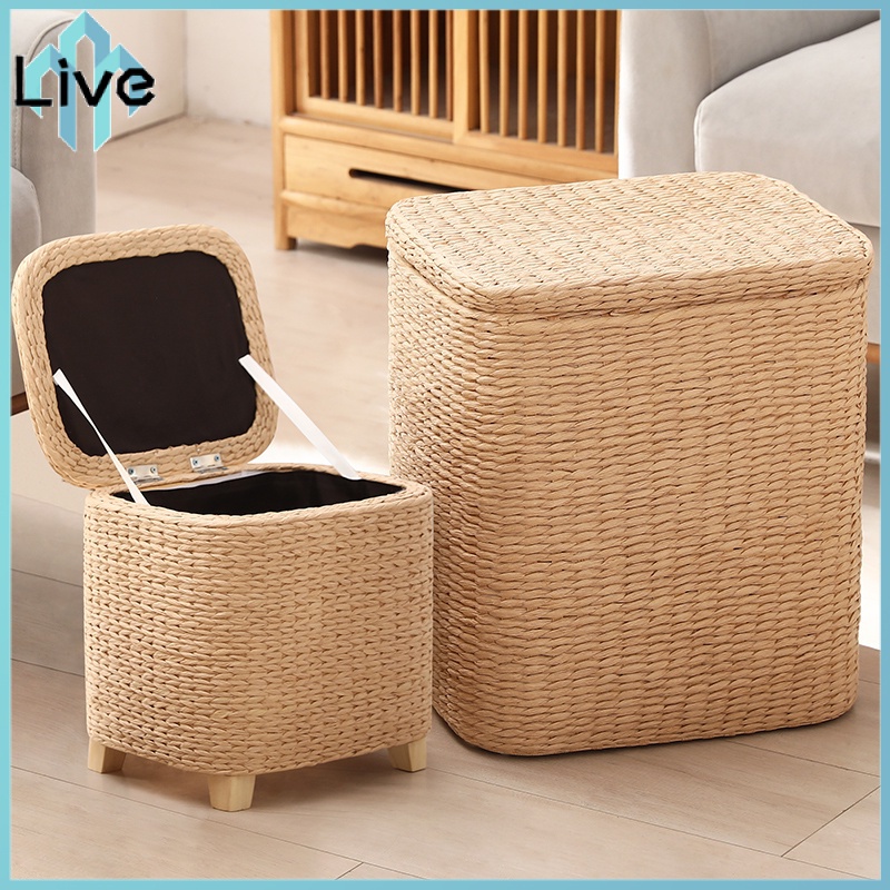 Rattan multi-functional solid wood storage stool living room can sit ...