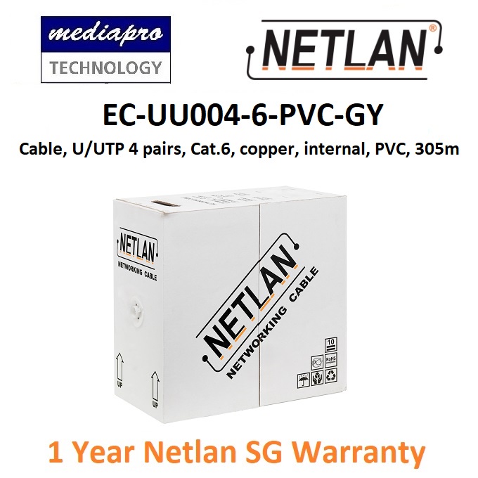 NETLAN EC-UU004-6-PVC-GY Cable, U/UTP 4 pairs, Cat.6, copper, internal, PVC, 305m - 1 Year Local ...