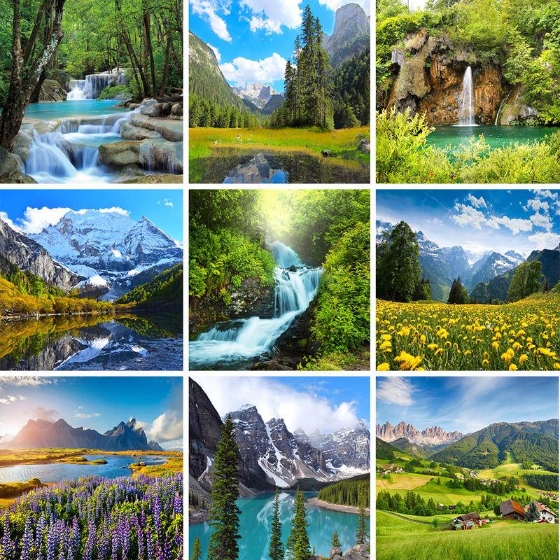 Natural Landscape Photo Backdrop Forest Trees Stream Waterfall Mountain ...