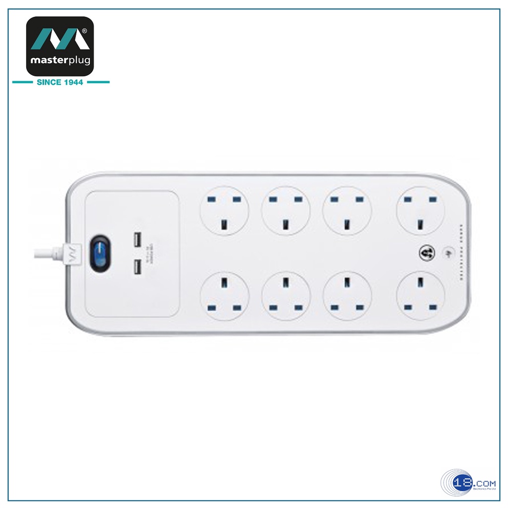 Masterplug Power Socket with Surge Protection, 2x3.1A USB, 8 Sockets ...