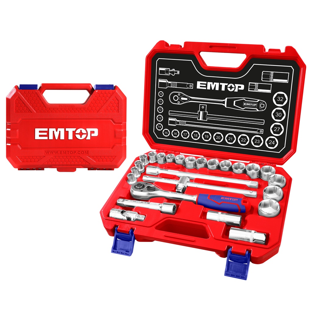EMTOP 25 Pcs CR-V 1/2" Socket Set With Ratchet Wrench Extension Bar ...