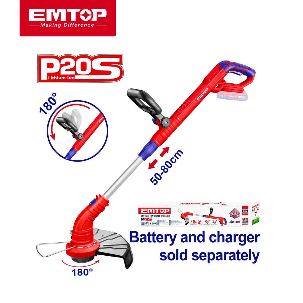EMTOP 20V Lithium-Ion Cordless Grass Trimmer With Extension Handle ...