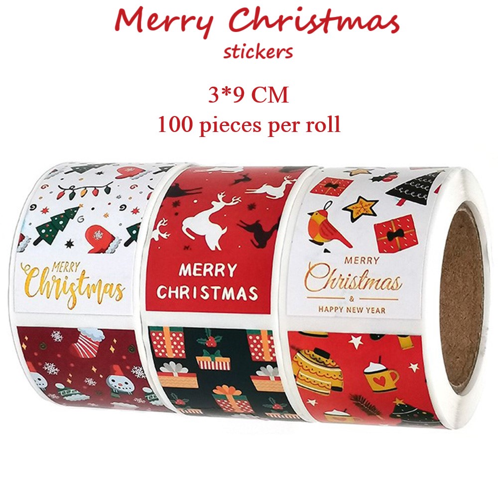 100 pcs/roll rectangular Christmas 3*9cm stickers Gift box sealing ...