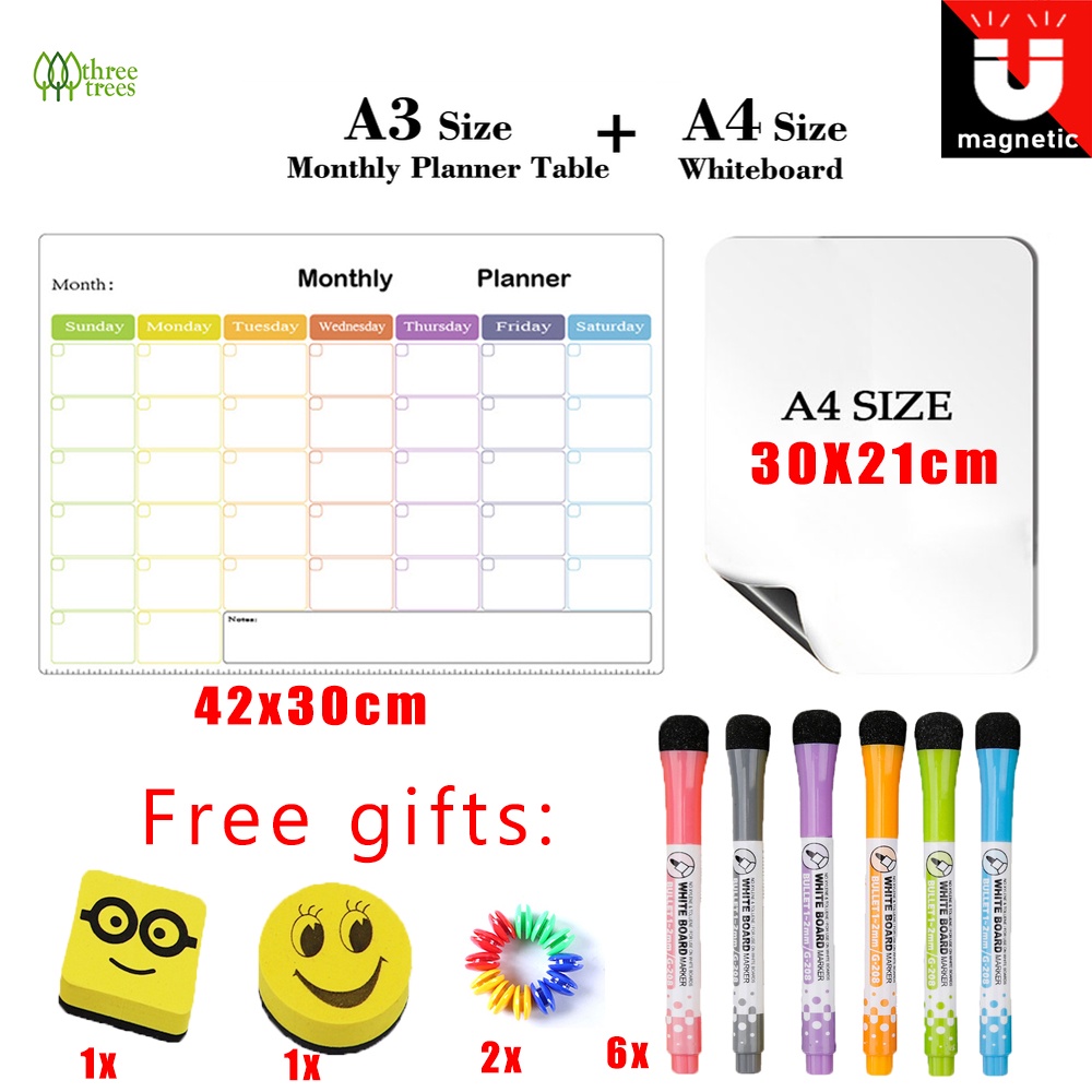 1 Pack A3 Size Magnetic Monthly Planner Calendar + 1 Pack A4 Size Dry ...