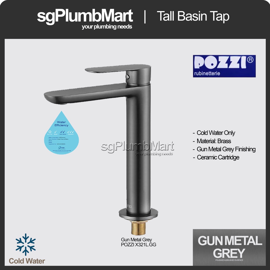 Pozzi x sgPlumbMart Gun Metal Grey Tall Basin Tap X321LGG Bathroom Wash ...