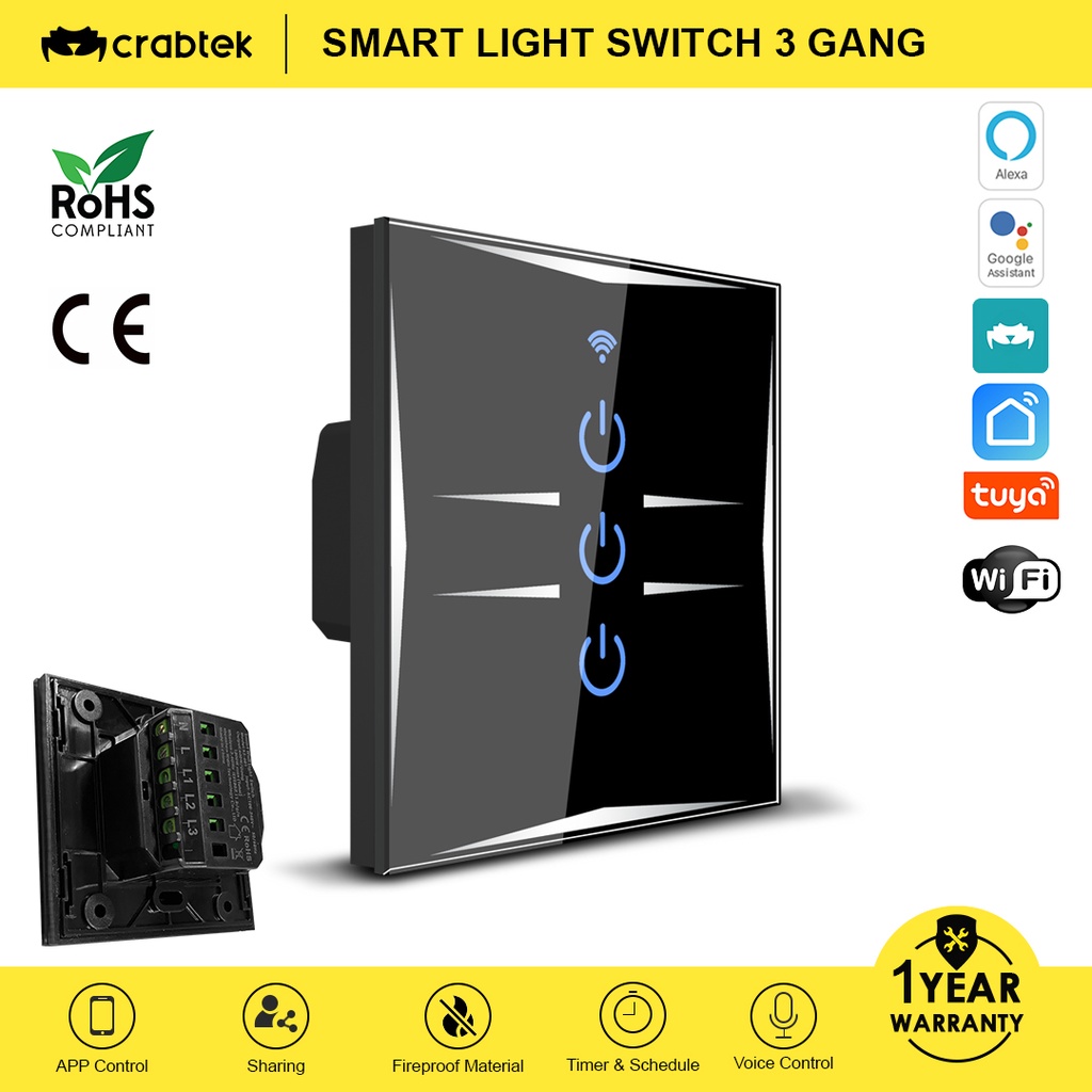Crabtek Smart WiFi Touch Button Automated Smart Light Switch Black1 2 3 ...