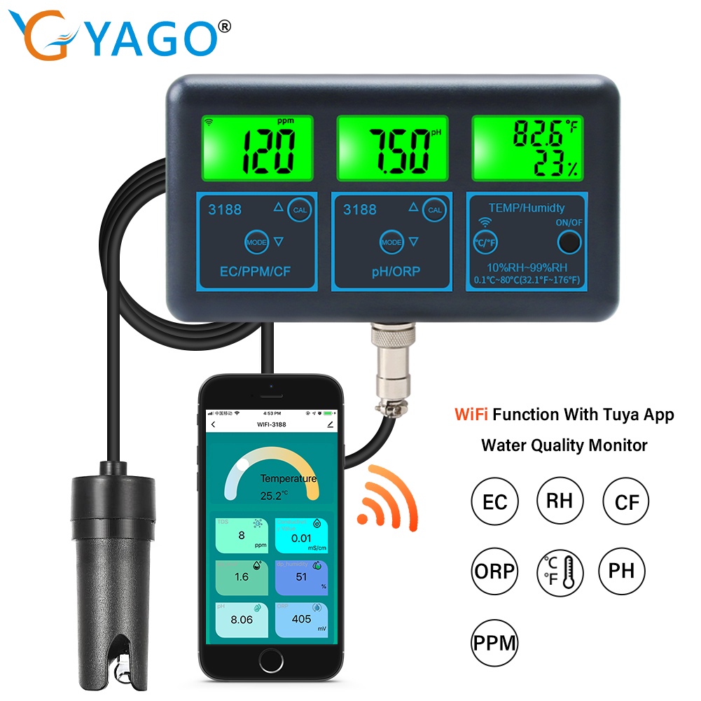 YAGO WiFi PH Meter Temp TDS(ppm) EC ORP Water Tester Tuya APP Smart ...