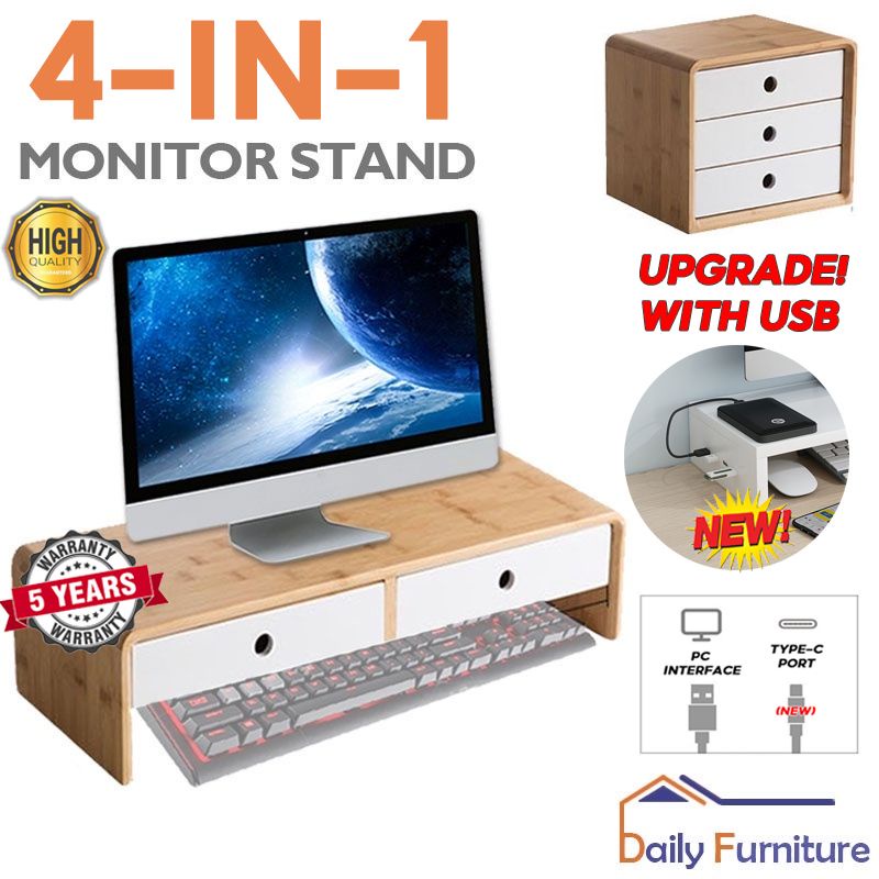 DF 4-IN-1 Sturdy PC Monitor Stand Rack Dual Tier Desk Stand With Drawer ...